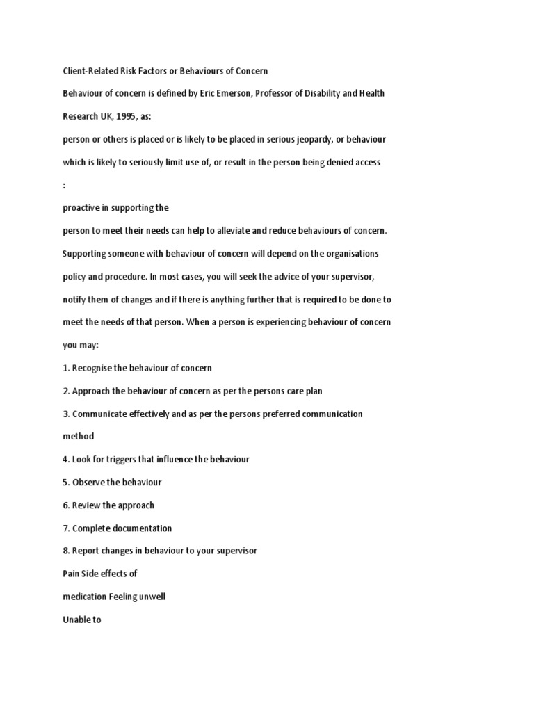 Client-Related Risk Factors or Behaviours of Concern | PDF