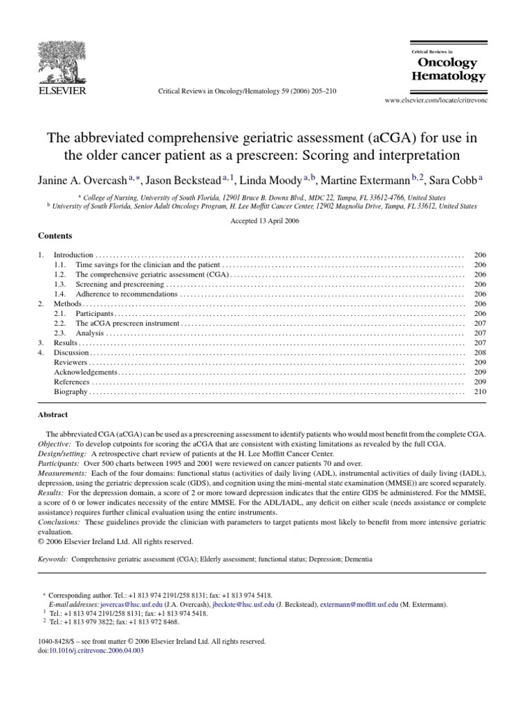 Abbreviated Comprehensive Geriatric Assessment (aCGA) | PDF ...