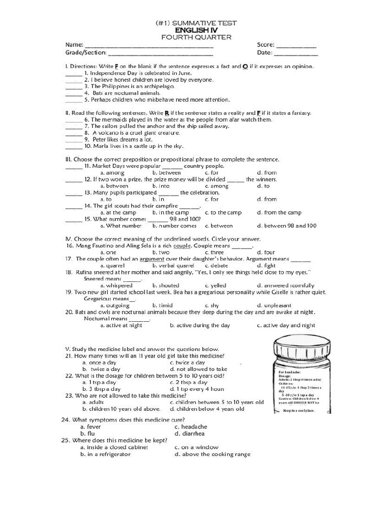 Summative Test Grade 4 English | PDF