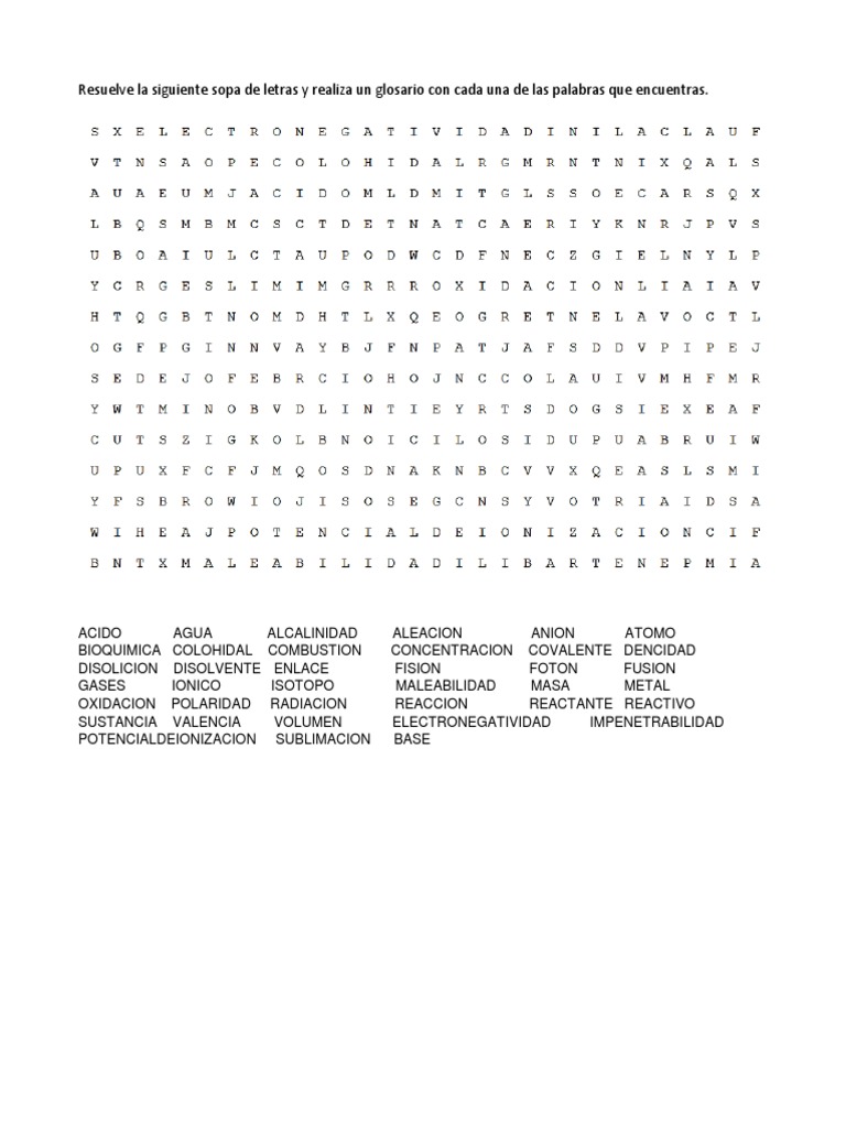 Sopa de Letras de Química para Secundaria | PDF