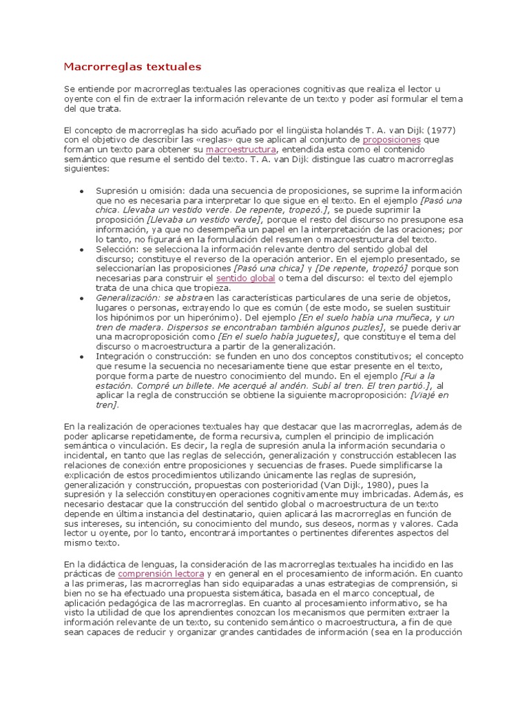 Macrorreglas Textuales en Lectura | PDF | Comprensión lectora ...