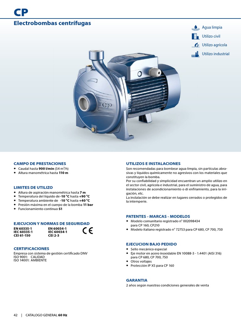Ficha Tecnica - Electrobomba Centrifuga PDF | PDF | Bomba | Cantidad