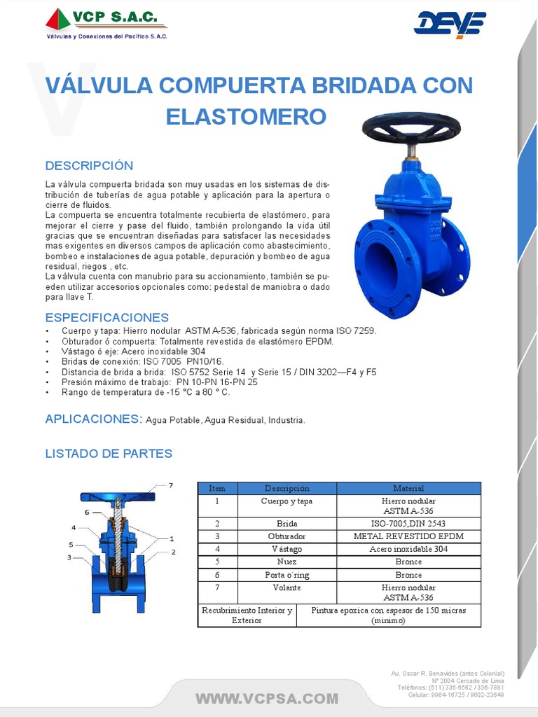 Ficha Tecnica - Valvula Compuerta Bridada Con Elastomero | PDF | Agua | Materiales