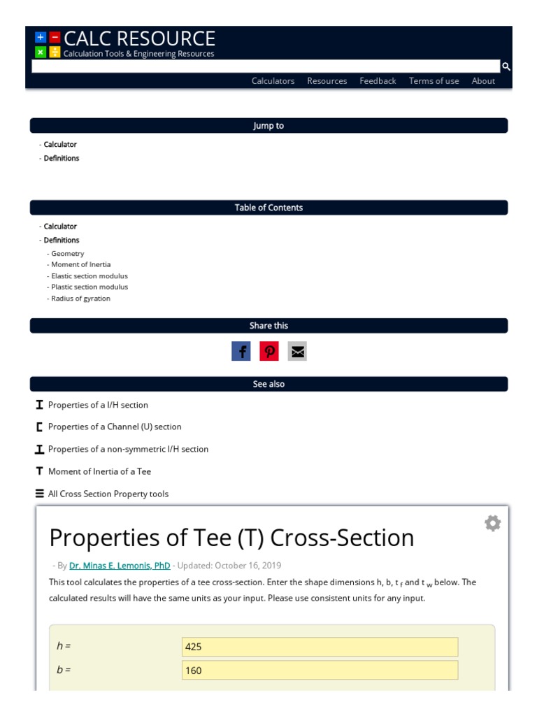 Tee (T) Section Properties - Calculator - CALC RESOURCE | PDF | Bending ...