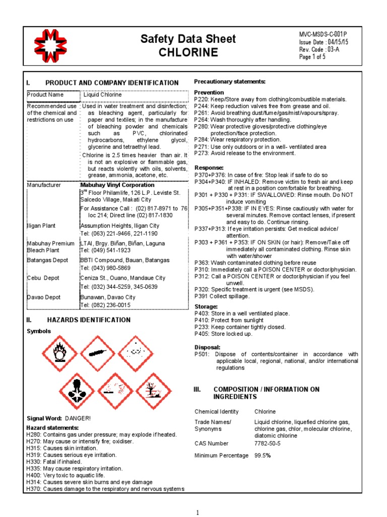 Safety Data Sheet for Liquid Chlorine | PDF | Respiratory System | Chlorine