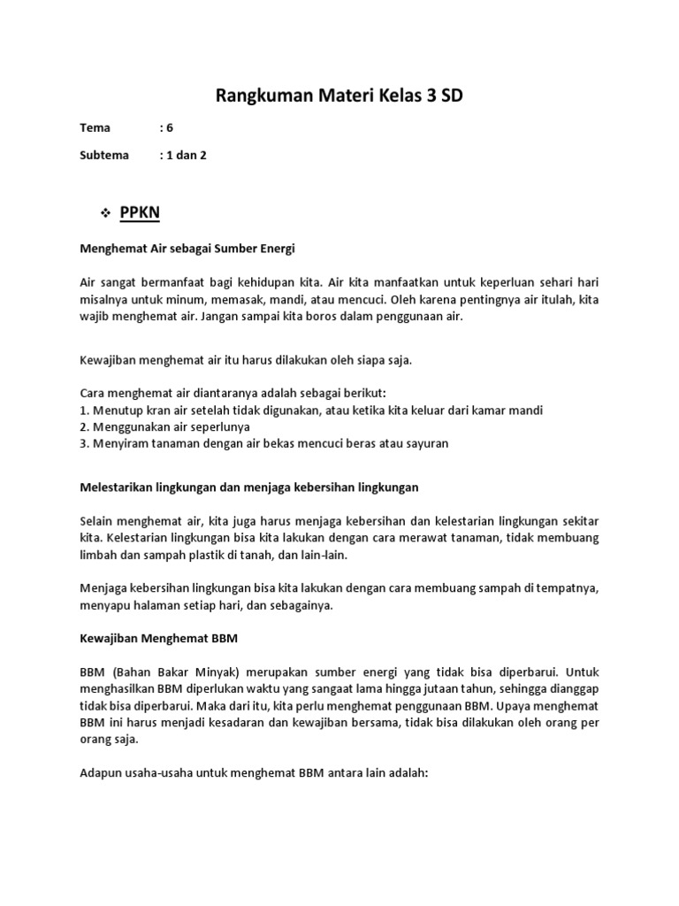 Rangkuman Materi Kelas 3 Tema 6 SD | PDF | Griya & Taman | Kesehatan ...
