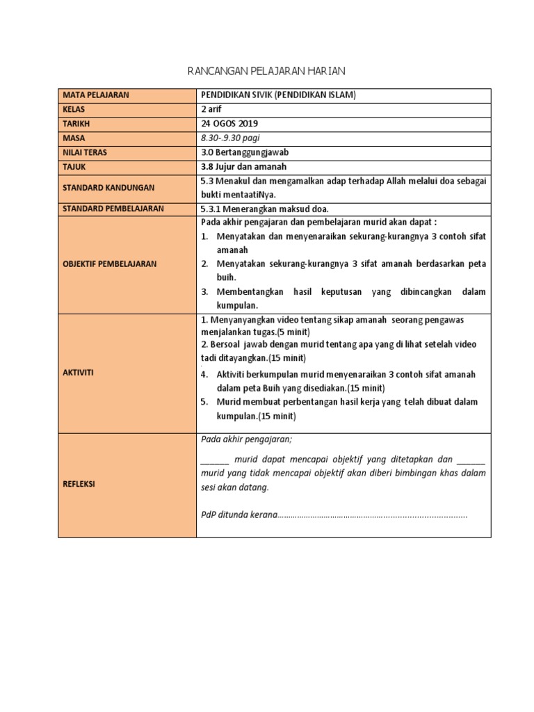RPH Sivik Tahun 4 Jujur Dan Amanah | PDF