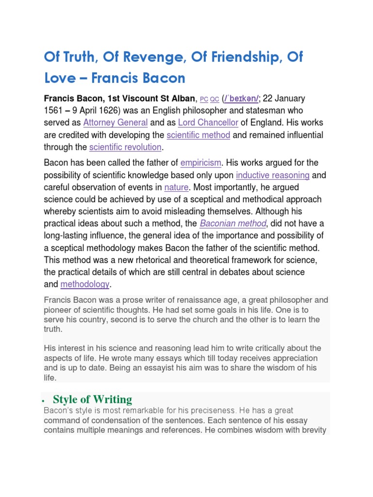 Of Truth, of Revenge, of Friendship, of Love - Francis Bacon | PDF ...