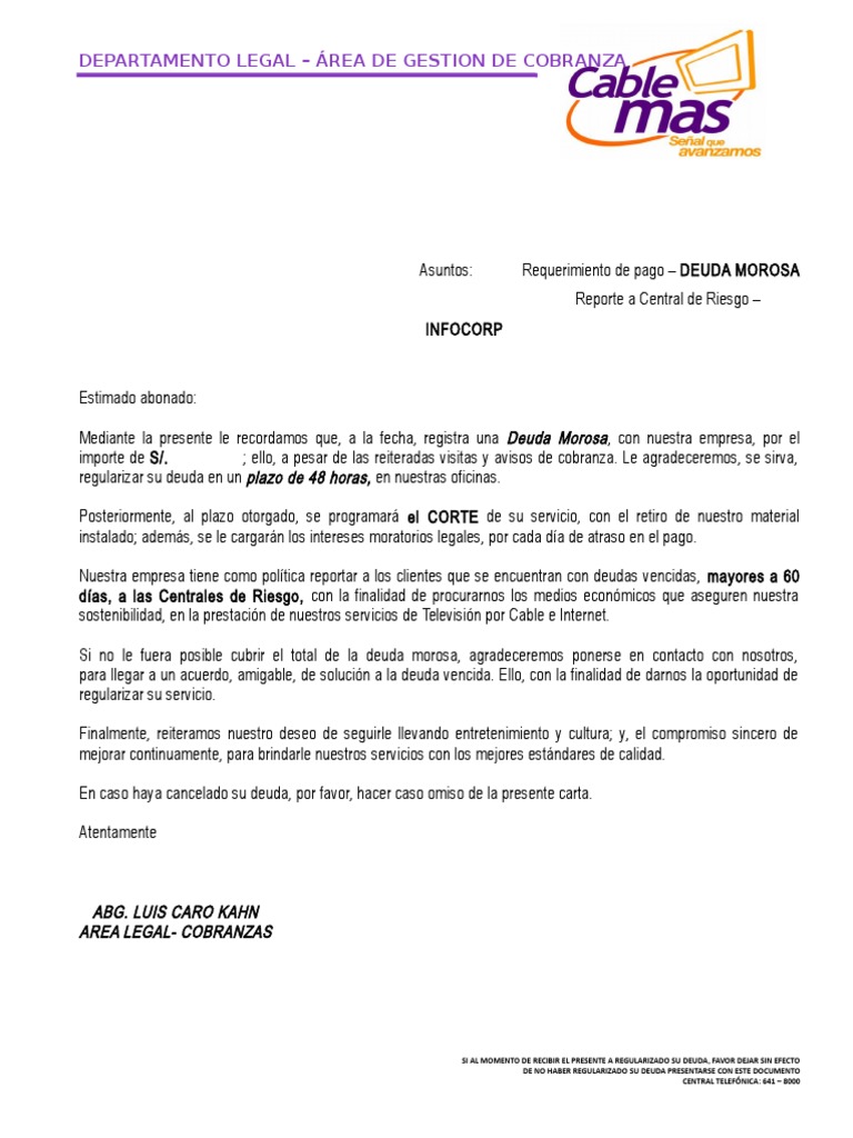 Carta Clientes Morosos Infocorp y Mora | PDF