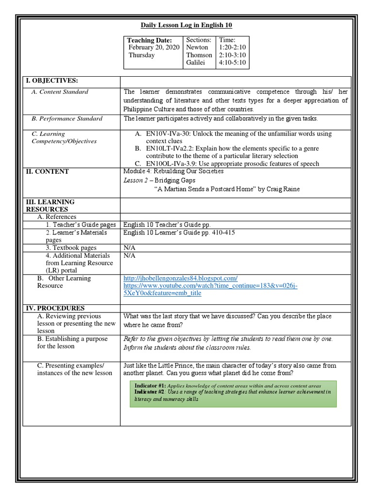 Daily Lesson Log On "Martian Sends Postcard Home" | PDF | Learning | Poetry