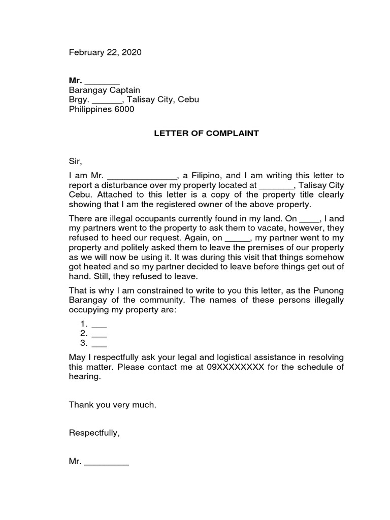 Complaint Letter To Barangay | PDF
