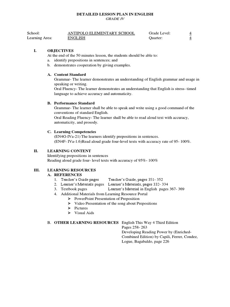 Lesson Plan | PDF | English Language | Preposition And Postposition