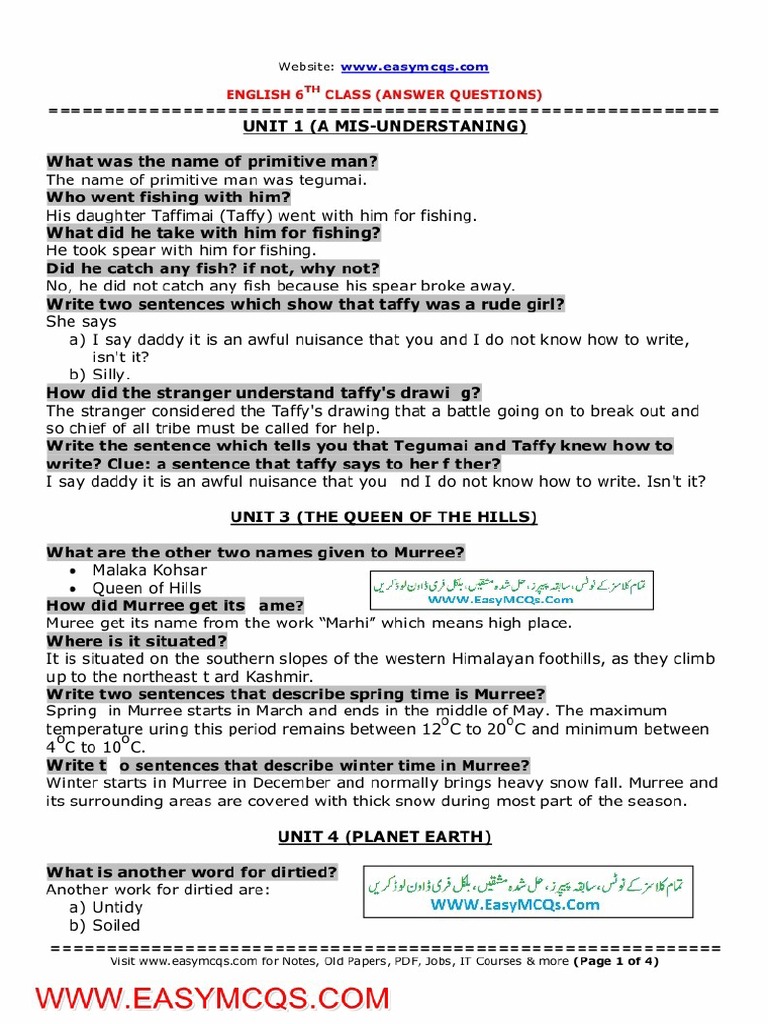 6th Class English Question Answer Notes PDF | PDF