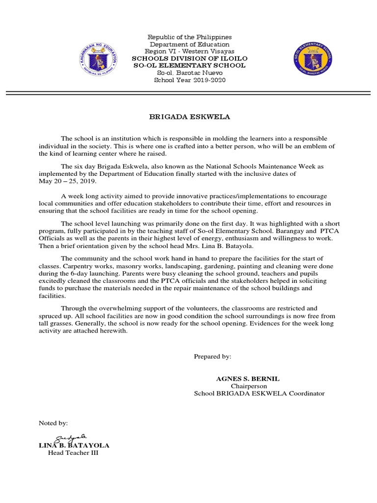 Accomplishment Report Brigada Eskwela 2019-2020 | PDF | Pedagogy | Teaching