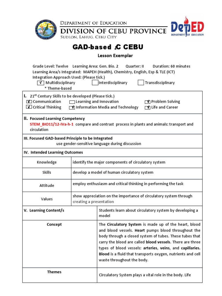 Circulatory System Lesson Exemplar | PDF | Blood Vessel | Circulatory ...