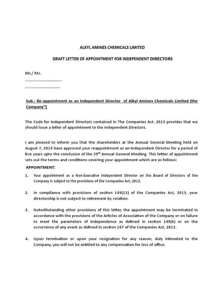 Draft Appointment Letter | PDF | Board Of Directors | Corporate Law
