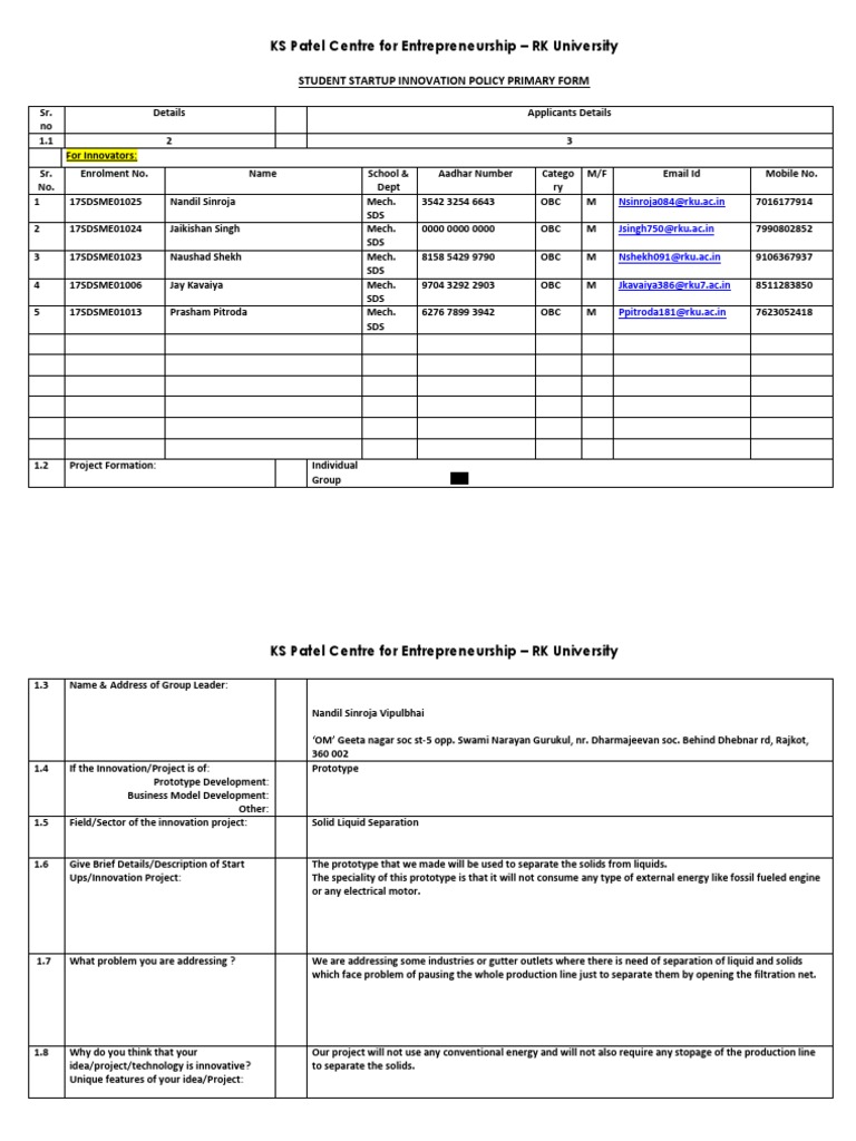 Student Startup Innovation Form | PDF