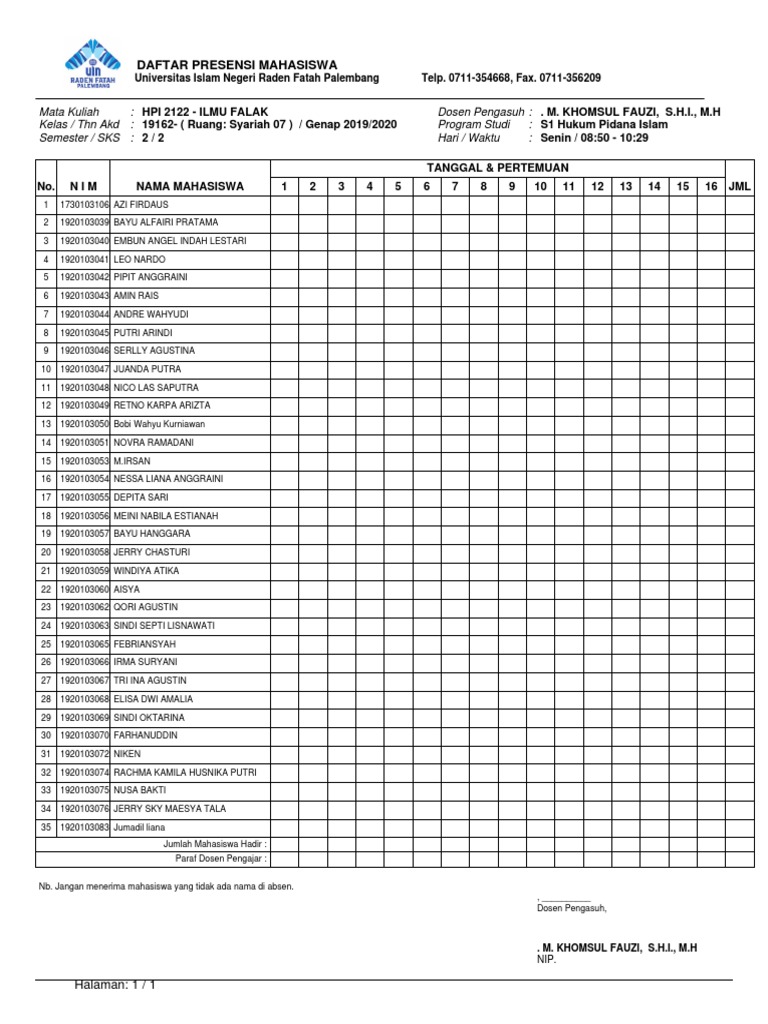 Contoh Absensi Kelas Kuliah | PDF