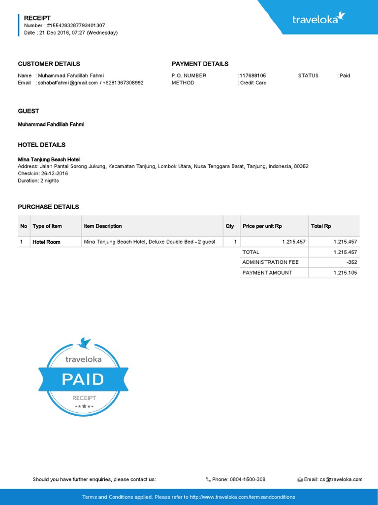 Receipt Hotel Traveloka-Contoh 1 | PDF
