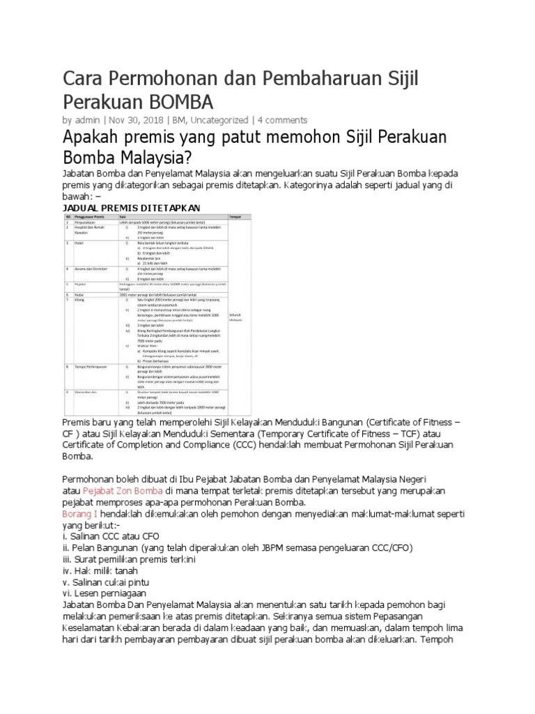 Cara Permohonan Dan Pembaharuan Sijil Perakuan BOMBA | PDF