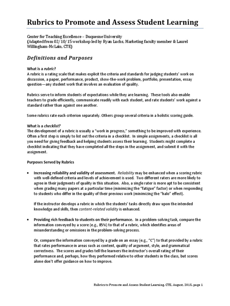 Rubrics To Promote and Assess Student Learning | PDF | Self-Improvement
