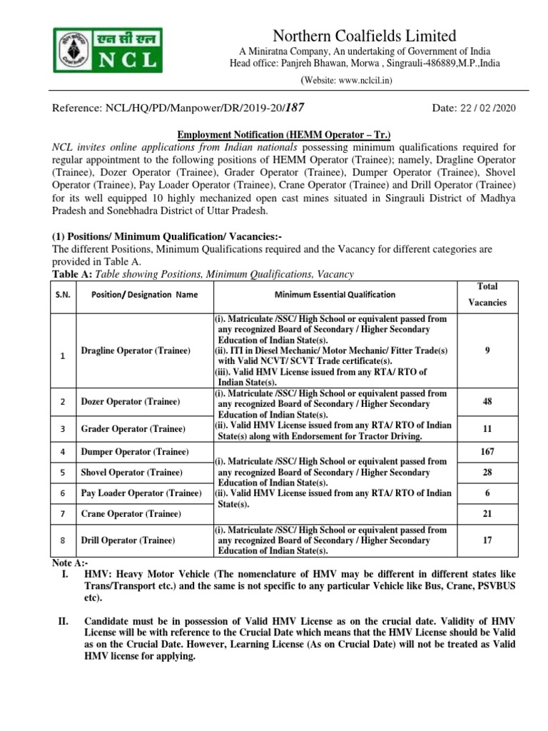Notification Northern Coalfields LTD Dumper Operator Dozer Operator ...