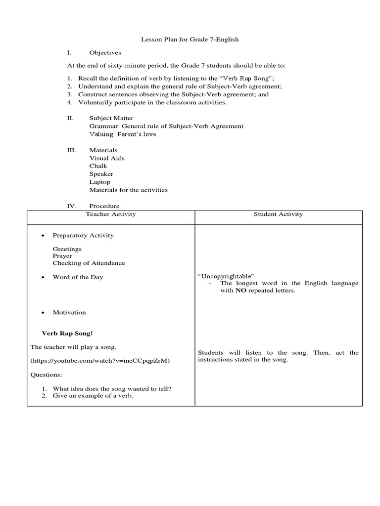 Lesson Plan For Grade 7 S V Agreement | PDF