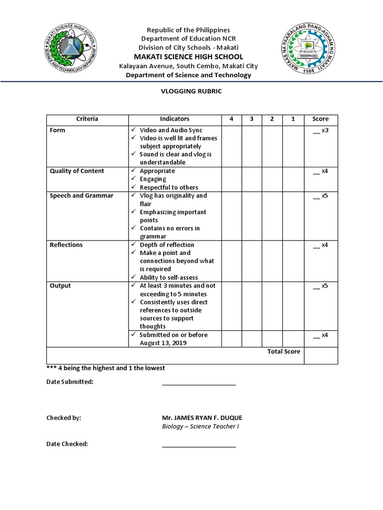 Vlogging Rubrics | PDF