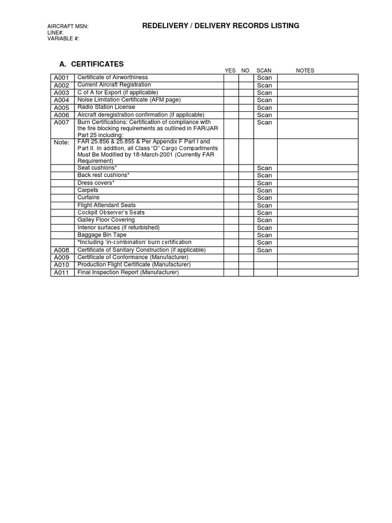 Checklist For Aircraft Acceptance | PDF