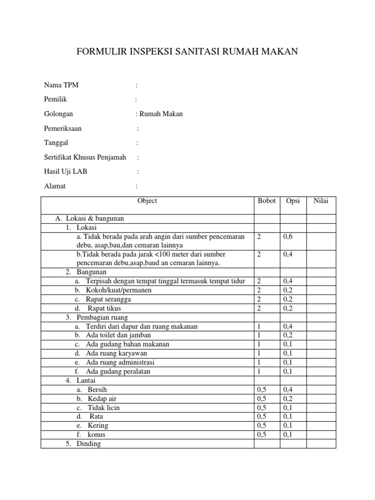 Formulir Inspeksi Sanitasi Rumah Makan | PDF