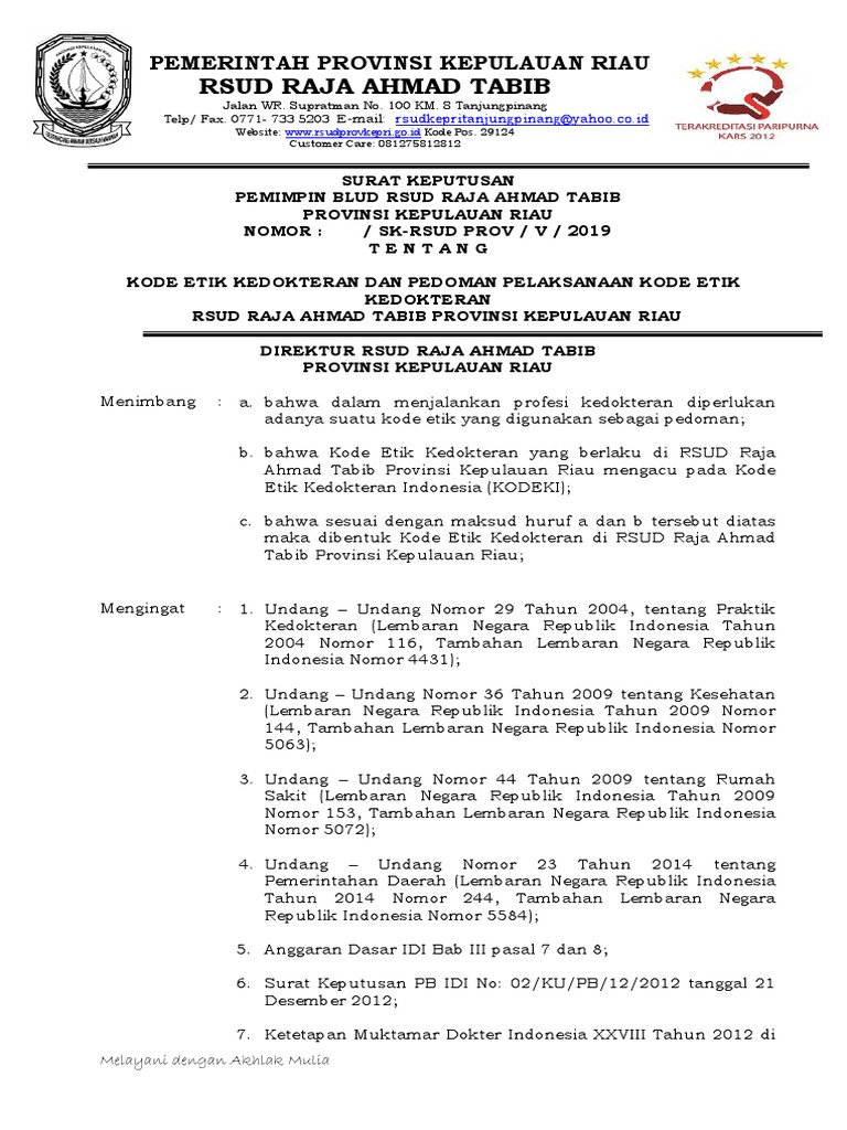 SK Kode Etik Kedokteran Rsud Rat | PDF