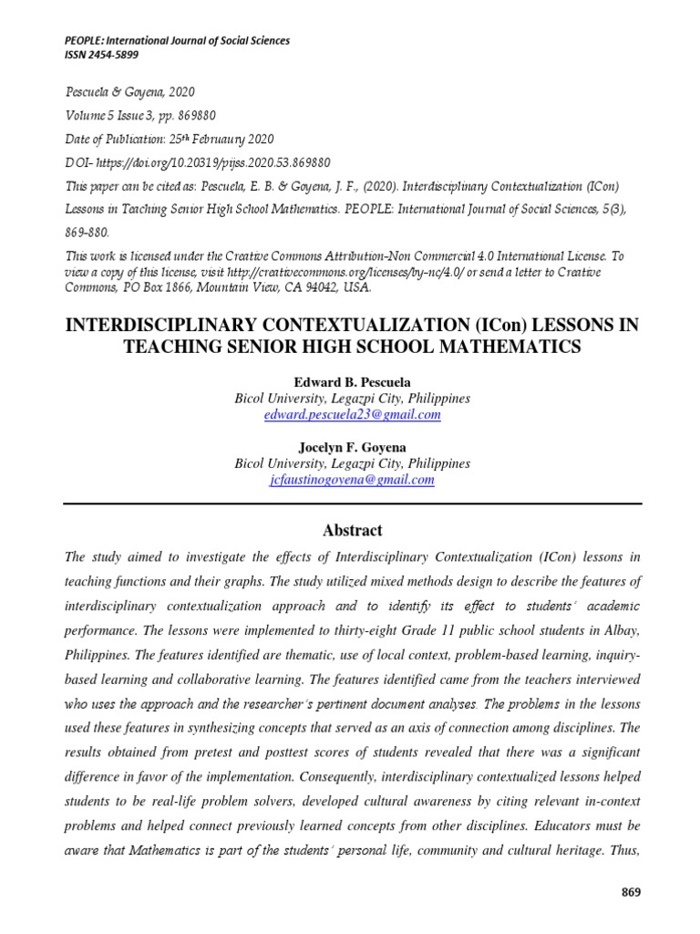 Interdisciplinary Contextualization (Icon) Lessons in Teaching Senior ...