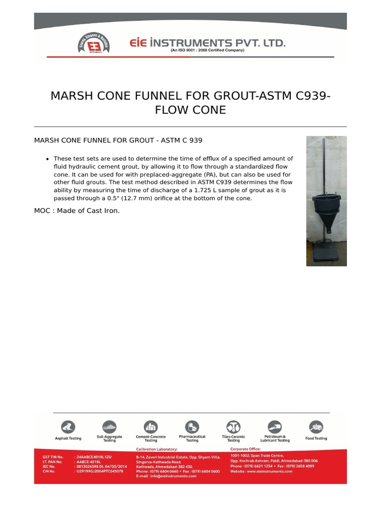 Marsh Cone Funnel For Grout Astm C939 Flow Cone | PDF | Technology ...