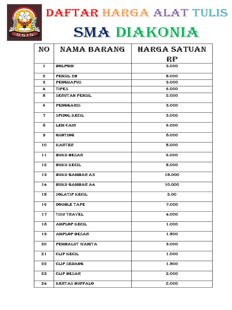 Daftar Harga Alat Tulis | PDF