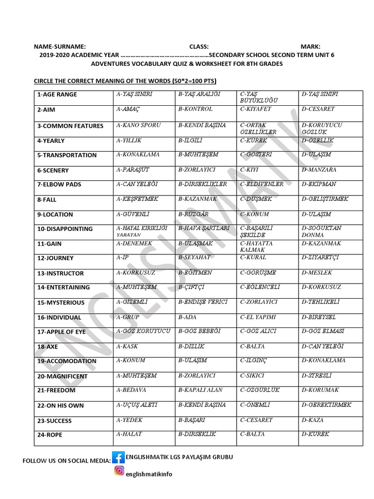 Englishmati̇k 8TH Grade Unit 6 Vocabulary in 50 Questions PDF | PDF