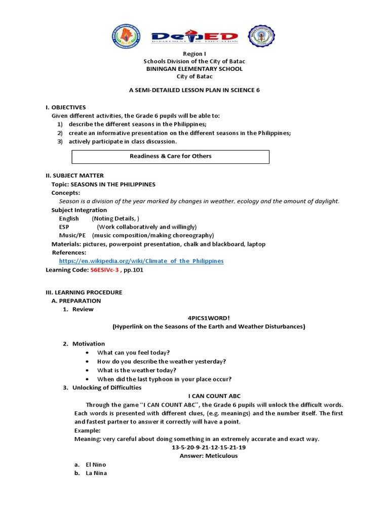 Semi-Detailed Lesson Plan: Seasons in PH | PDF | Science & Mathematics