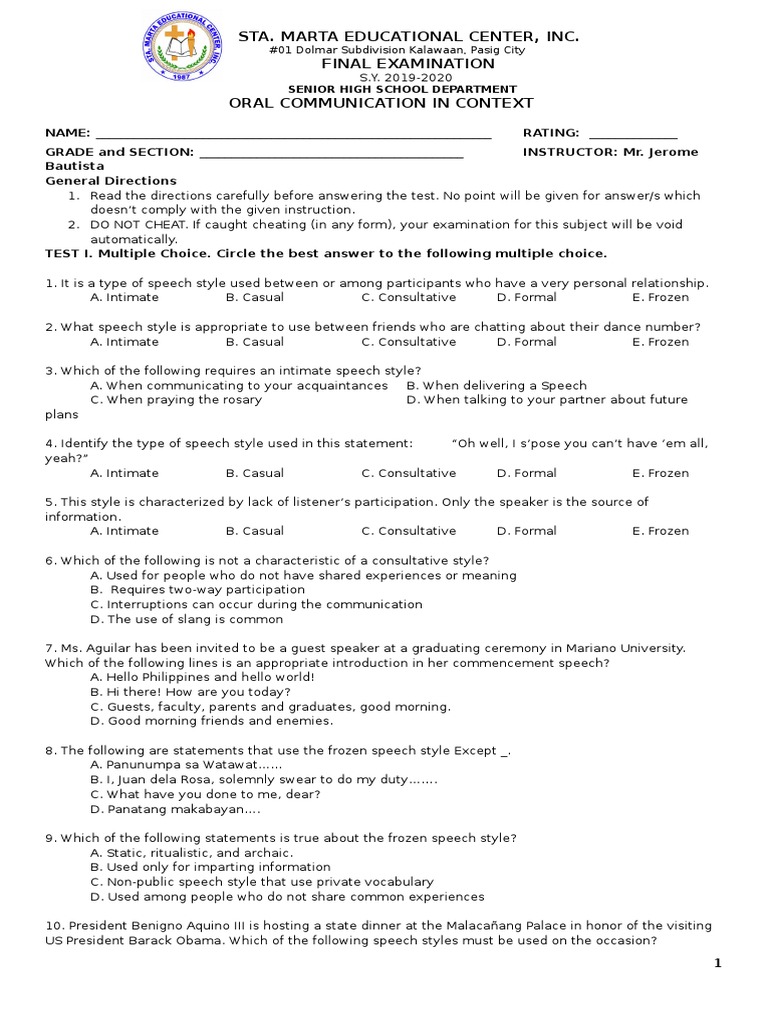 Oral Com Final Exam 2019 | PDF