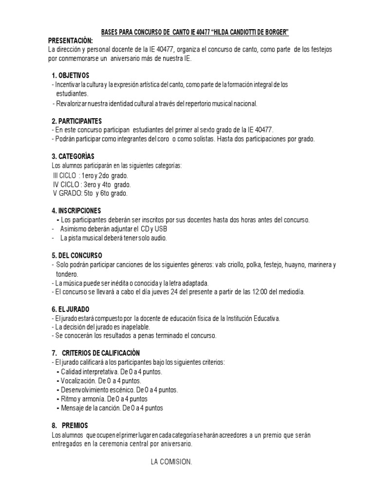 Bases para Concurso de Canto Ie 40477 | PDF