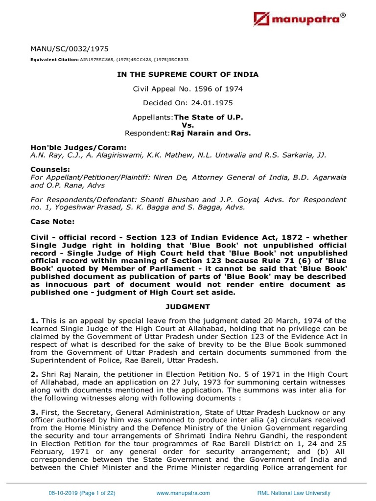 Raj Narain vs State of UP Case Summary | PDF | Social Science
