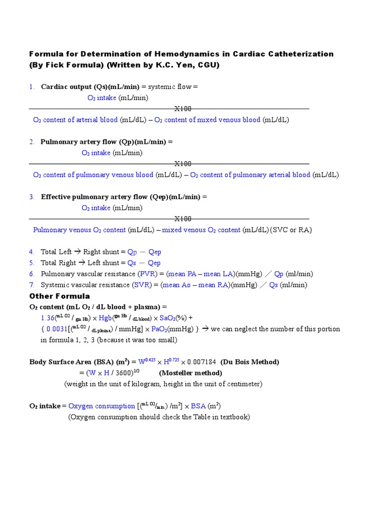 Hemodynamic Formulas in Cardiac Cath | PDF | Hemodynamics | Blood