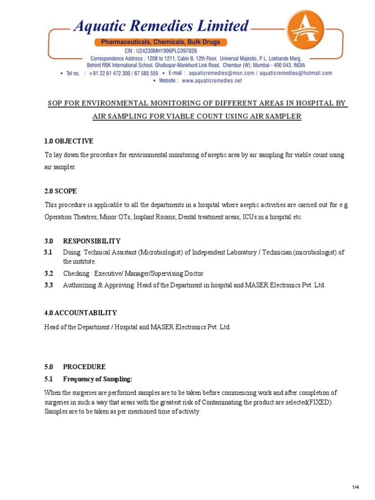 SOP For Environmental Monitoring of Aseptic Area by Air Sampling For ...
