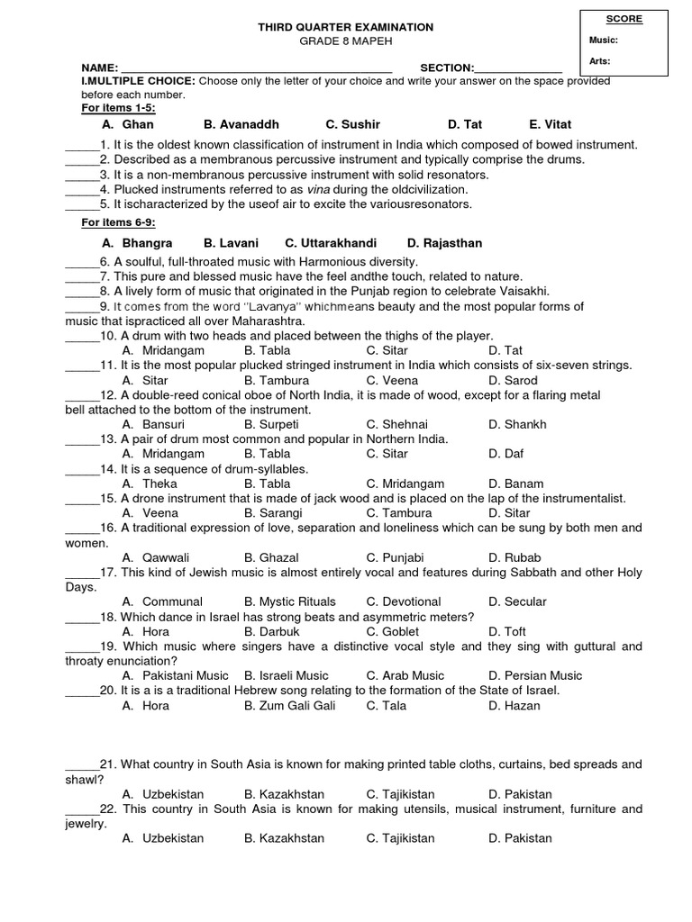 Grade 8 MAPEH Music Exam | PDF | Art