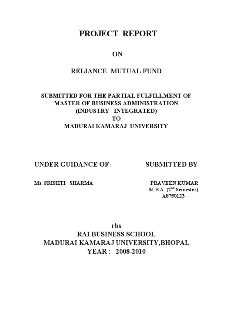 Reliance Mutual Fund Project Report | PDF | Finance & Money Management