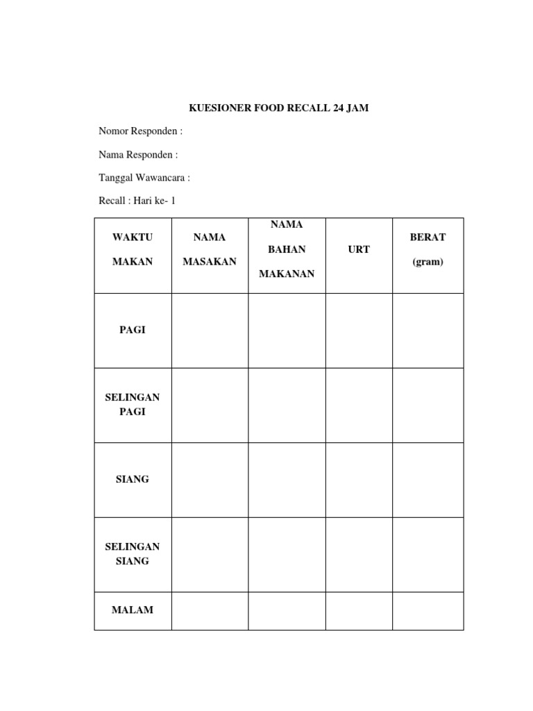 Kuesioner Food Recall 24 Jam | PDF