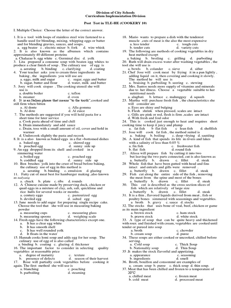 Tle-He-Cookery 10 Post Test | PDF