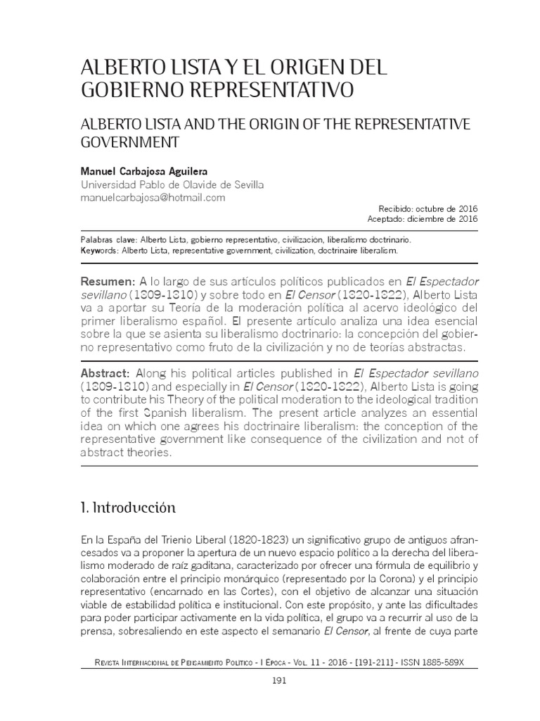 Alberto Lista y El Origen Del Gobierno Representativo | PDF