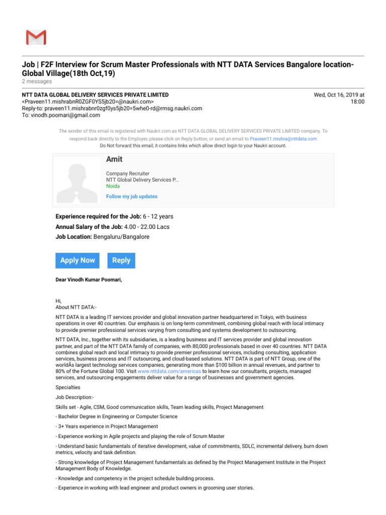 Gmail - Job - F2F Interview For Scrum Master Professionals With NTT DATA Services Bangalore ...