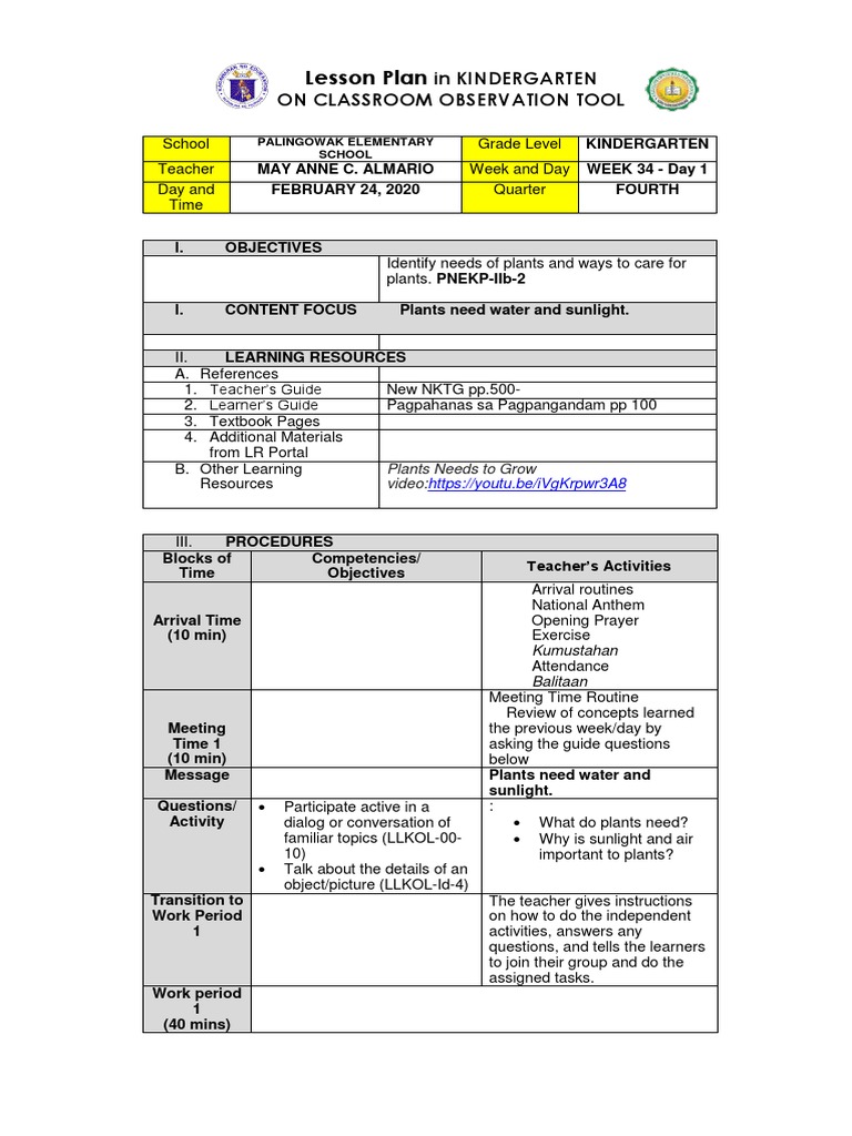 Kindergarten-DLP-Quarter DAY 1 | PDF