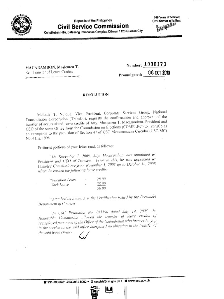 Leave Transfer of Leave Credits | PDF