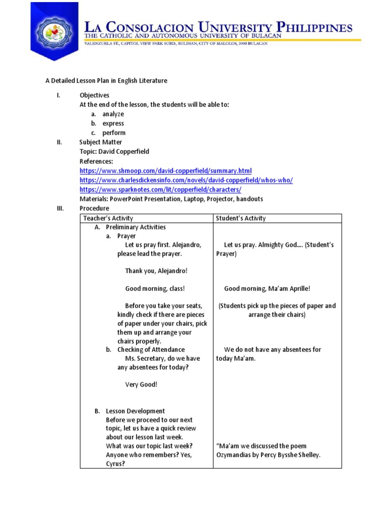 English Literature Lesson Plan: David Copperfield | PDF